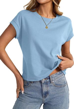 Onsoyours Crop Tops Damen Sommer Kurzarm Tshirt Casual Einfarbig Rundhals Oberteil A Blau XXL