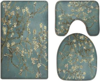 A.Monamour Badezimmer Badematte 3 Teilig Set Blaues Bild Hintergründe Vintage Blumendruck Teppich Für Toilettenzubehör Flanell Saugfähig Badteppiche Badvorleger 