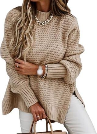 Generic Pull surdimensionn&eacute; en tricot &eacute;pais &agrave; manches longues et col montant, fente lat&eacute;rale, tricot c&ocirc;tel&eacute; confortable, kaki, XL