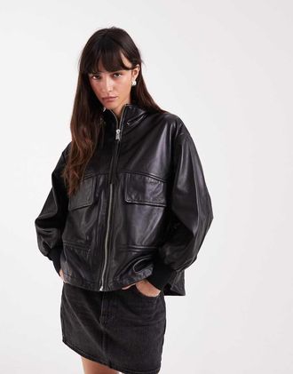 AllSaints Flor - Veste en cuir cintr&eacute;e &agrave; fermeture &eacute;clair - Noir