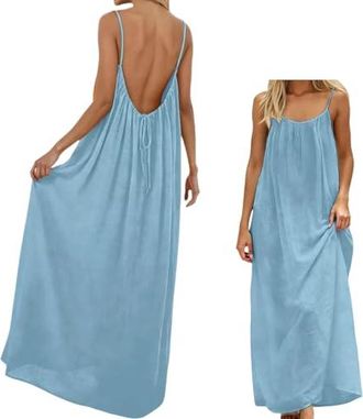 Generic Robe longue caraco dos nu pour femme, sans manches, couleur unie, dos ouvert, robe d&eacute;t&eacute; pour la plage, les vacances, la maison avec noeud dans le dos,