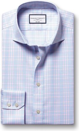 CHARLES TYRWHITT Bügelfreies Twill-Hemd mit Prince-of-Wales-Karos - Himmelblau & Rosa Knopfmanschette