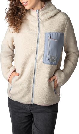 Sublevel Damen Teddy Fleecejacke - Kuschelige Jacke mit Kapuze und Kontrastfarbenen Brusttaschen, Perfekt f&uuml;r den Alltag light-beige XXL