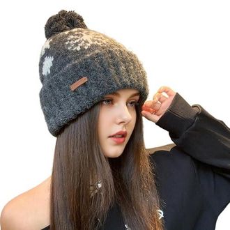 Generic Bonnet Femme Hiver Bonnet Femme Chapeau Femme Hiver Confortable Classique - Tricot&eacute; Bobble &Agrave; Bord Roul&eacute; Fair Isle, Chaud pour Activit&eacute;s Ext&eacute;rieures en