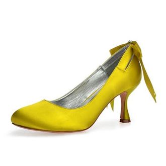 Generic Chaussures De Mari&eacute;e Escarpins pour Femme Satin&eacute;e Talon Moyen Slip-on Rond Chaussures De Mariage De F&ecirc;te 7Cm,Jaune,36 EU