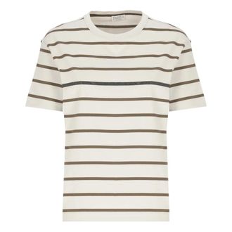 Brunello Cucinelli Femme, Tops, Beige, Taille: 38 FR T-shirt beige &agrave; rayures en coton avec d&eacute;tails en laiton