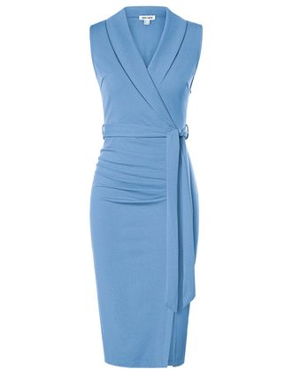 Grace Karin Damen Wickelkleider Hochzeit Midi Sommer Etuikleid Businesskleider Ärmellos Maxikleid Wrap Bodycon Business Kleider Dunkel Sommer Blau 46