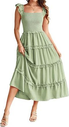 Grace Karin Robe Maxi Femme Taille Smockée Col Carré Bretelles Volantées Étagée Ligne A Élégante Décontractée Chic