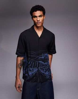 HUGO BOSS HUGO Red - Espino - Chemise imprim&eacute;e oversize &agrave; col ouvert - Noir