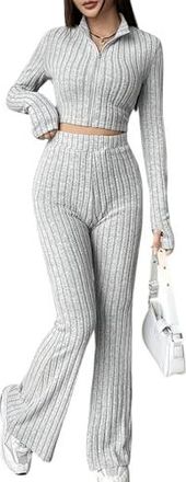 TOMWELL Ensemble Femme 2 Pièces Manches Longues Crop Top et Pantalon Survêtements Slim Fit Casual Outfit Sets A Gris L