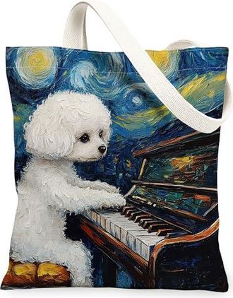Generic Sac fourre-tout en toile r&eacute;utilisable motif bichon fris&eacute; 33 x 38 cm, motif piano &eacute;toil&eacute;, sac d&eacute;picerie pour femme, animal domestique, chiot, peinture,