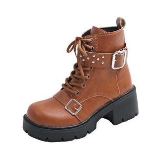 Generic Bottes &agrave; lacets en similicuir pour femme - Style moto - Fermeture &eacute;clair lat&eacute;rale - Talon &eacute;pais - Confortables - Pour f&ecirc;te en plein air, marron, 38.5 