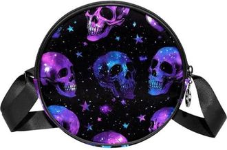 Generic Petit sac &agrave; bandouli&egrave;re circulaire pour femme, motif t&ecirc;te de mort et &eacute;toiles, sac &agrave; dos &agrave; bandouli&egrave;re r&eacute;glable avec fermeture &eacute;clair, sac &agrave; main rond 