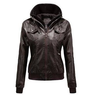 Generic Vestes dhiver pour femme Veste en cuir pour femme automne/hiver Veste courte &agrave; capuche d&eacute;tachable en cuir pour femme Veste moto doubl&eacute;e de taille plus