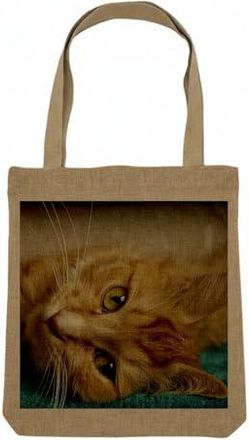 Fabulous Sac Shopping Tote Bag Aspect Lin - Chat Roux Tigr&eacute; se Pr&eacute;lasse sur Serviette Bleu Animaux - Sac de Courses Toile Epaisse 360g Beige Naturel Cabas Port