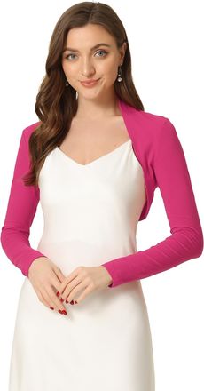 Allegra K Damen Bolero Langarm Festlich Crop Strick Jacke Einfarbig Baumwolle Elegant Schulterjacke Rot XL