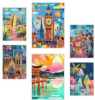 Nacnic Lot de 6 Affiches Monuments inspir&eacute;s par Mary Blair. Louxor, Big Ben, &Eacute;gypte, Chichen Itza, Notre Dame, Itsukushim illustration design pour d&eacute;corer le