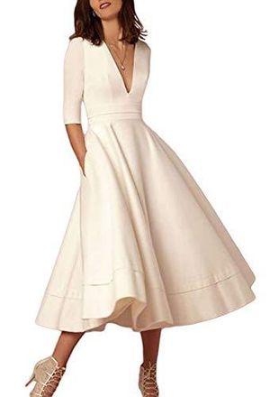 ORANDESIGNE Femme Robe de Cocktail Vintage Business Manches 3/4 Robe Col V Swing Soirée A-Line Robe Midi Élégant (Blanc, 40)