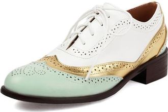 Generic Oxford Brogues Vintage Bicolores pour Femmes Cuir PU Bout Rond Design Wingtip Perfor&eacute; Lacets Shallow Basses Style Britannique Classique Confortable Bu