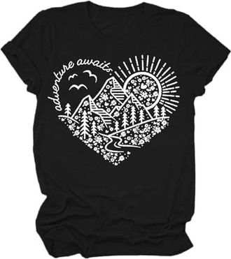Generic T-shirt pour femme Aventure Attend en Plein air Graphique T-shirt gentillesse Coeur randonn&eacute;e montagne Nature Voyage Chemise Hauts Entra&icirc;nement, Noir,