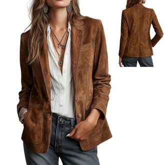 Generic Blazer vintage en faux daim pour femme, veste dautomne rétro avec coutures contrastées, veste en daim à col à revers, blazer décontracté pour le burea