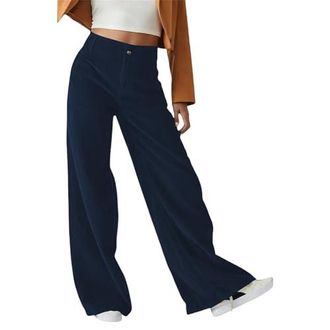 Generic Pantalon de travail d&eacute;contract&eacute; en velours c&ocirc;tel&eacute; pour femme, taille haute, coupe droite, ample et confortable avec poches, bleu, XXL