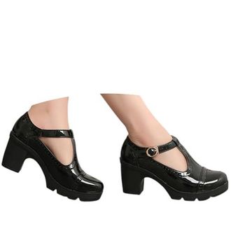 Generic MODSGUE Chaussures à talons compensés pour femme - Talon bloc épais - Chaussures de soirée décontractées - Bout carré fermé - Sangle de cheville - Con