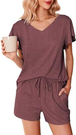 Ekouaer Pyjama Court pour Femme Ensemble Pyjama D&eacute;t&eacute; Confortable Manche Courte Short avec Poches Lat&eacute;rales Ensemble,Rouge S