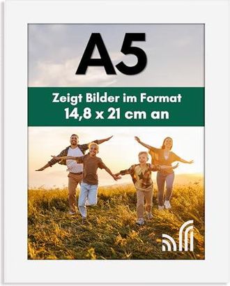 Americanflat A5 Bilderrahmen in Weiß - Verbundholz mit bruchfestem Glas - Horizontale und vertikale Formate für Wand und Tischplatte - 14,8 x 21 cm