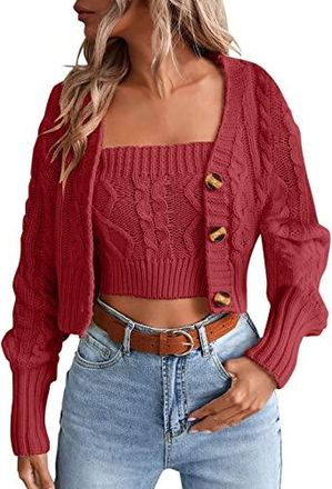 Generic Bol&eacute;ro court, cardigan en tricot torsad&eacute; pour femme, cardigan tendance boutonn&eacute; et haut tube, cardigan classique &agrave; manches longues, v&ecirc;tements dext&eacute;rie