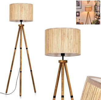 HOFSTEIN Stehleuchte Bongal, Stehlampe aus Holz/Seegras in Naturfarben, Leuchte im skandinavischen Design mit rundem Schirm (Ø 40 cm) u. Fußschalter, Höhe 153 