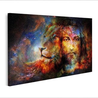 Islandburner Leinwandbild Gemälde Von Jesus Mit Einem Löwen Im Kosmischen Raum Blickkontakt Und - Leinwand 80x40cm