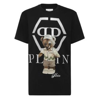 Philipp Plein Homme, Tops, Noir, Taille: 2XL T-Shirt Col Rond Ours en Cristal