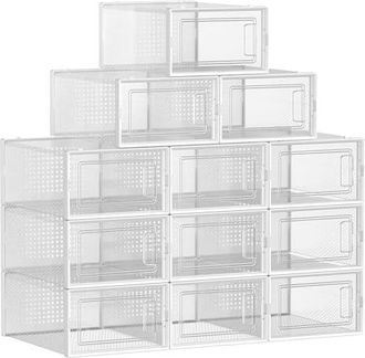 Songmics Bo&icirc;tes &agrave; Chaussures, Lot de 12, Rangement Chaussures, Pliable, pour Pointure jusqu&agrave; 44, Transparent et Blanc LSP12SWT