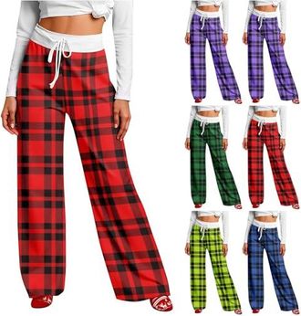 Generic Pantalon de pyjama long &agrave; carreaux pour femme : pantalon de d&eacute;tente pour femme avec jambes larges Pantalon de sommeil confortable Taille &eacute;lastique Pan