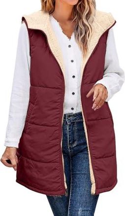 Generico Gilet en polaire pour femme long rembourré réversible sans manches avec fermeture éclair Veste en peluche légère pour lhiver avec poche longue, Vin, X