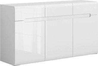 PEGANE Commode meuble de rangement &agrave; 3 portes et 3 tiroirs, coloris Blanc/Blanc haute brillance - Longueur 150 x Profondeur 41 x Hauteur 84 cm