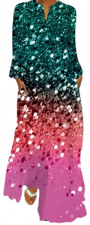 Ocean Plus Damen Fr&uuml;hling Sommer Langer Rock V-Ausschnitt Lang&auml;rmelig Taschendruck Lockeres Kleid (XXL, Farbige Pailletten)