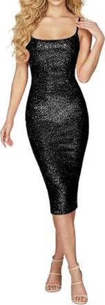 Generic 2026 Robes minceur et Shine Slim Fit Midi Robe de soir&eacute;e &eacute;l&eacute;gante sans manches &agrave; paillettes pour, Noir, XXL