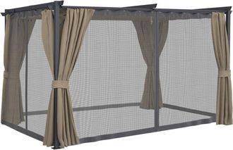 IDMarket Pergola &eacute;dition int&eacute;grale moustiquaire toit r&eacute;tractable 3x4 M et 4 rideaux taupe