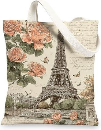 Generic Sac fourre-tout en toile motif floral de Paris Tower - R&eacute;utilisables - L&eacute;gers et lavables - Avec bandouli&egrave;re, beige, 13x15 Inch