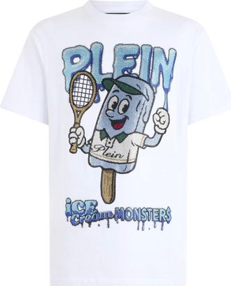 Philipp Plein Homme, Tops, Blanc, Taille: S T-Shirt Col Rond Ice Cream Tennis