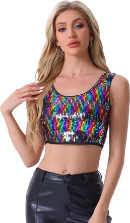 Allegra K Damen &Auml;rmellos Pailletten Top Party Oberteil Club Cami Bauchfrei Tank Top Bluse Mehrfarbig M