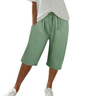 Generic Pantalon en lin 3/4 pour femme - Short pour femme - Longueur genou - A&eacute;r&eacute; - Pantalon pour femme avec &eacute;lastique - Pantalon d&eacute;t&eacute; l&eacute;ger et a&eacute;r&eacute; - Pantalo