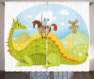 Abakuhaus Karikatur Rustikaler Gardine, Ritter und Sein Pferd, Schlafzimmer Kr&auml;uselband Vorhang mit Schlaufen und Haken, 280 x 175 cm, Apfelgr&uuml;n Himmelblau