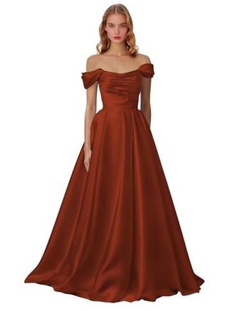 Generic Robe de bal longue froncée en satin à épaules dénudées pour femme avec poches, orange brûlé, 54 Grande taille