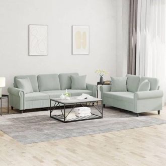 vidaXL 2-tlg. Sofagarnitur mit Kissen Hellgrau Samt Vidaxl