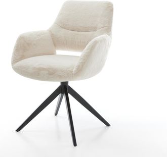 DELIFE Drehstuhl Yago-Flex mit Armlehnen Pl&uuml;sch Creme-Wei&szlig; Kreuzgestell breit Schwarz 360&deg; drehbar Wippfunktion Taschenfederkern, Esszimmerst&uuml;hle