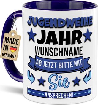 Tassendruck Tasse zur Jugendweihe mit Namen und Jahr selbst gestalten - Ab jetzt Bitte mit Sie ansprechen, blau - Personalisiertes Geschenk - Keramiktasse, 300 ml