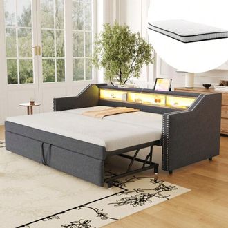 Generic Cabrio-Schubladenbett mit Stauraum, 90 / 180x190 cm - LED- und USB-Bettkopf, Lamellenbox, grau - Kommt mit 2